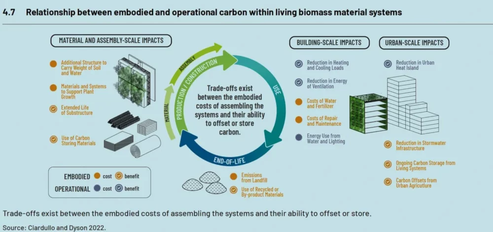 The Carbon Trade-Off in Living Biomass Material Systems